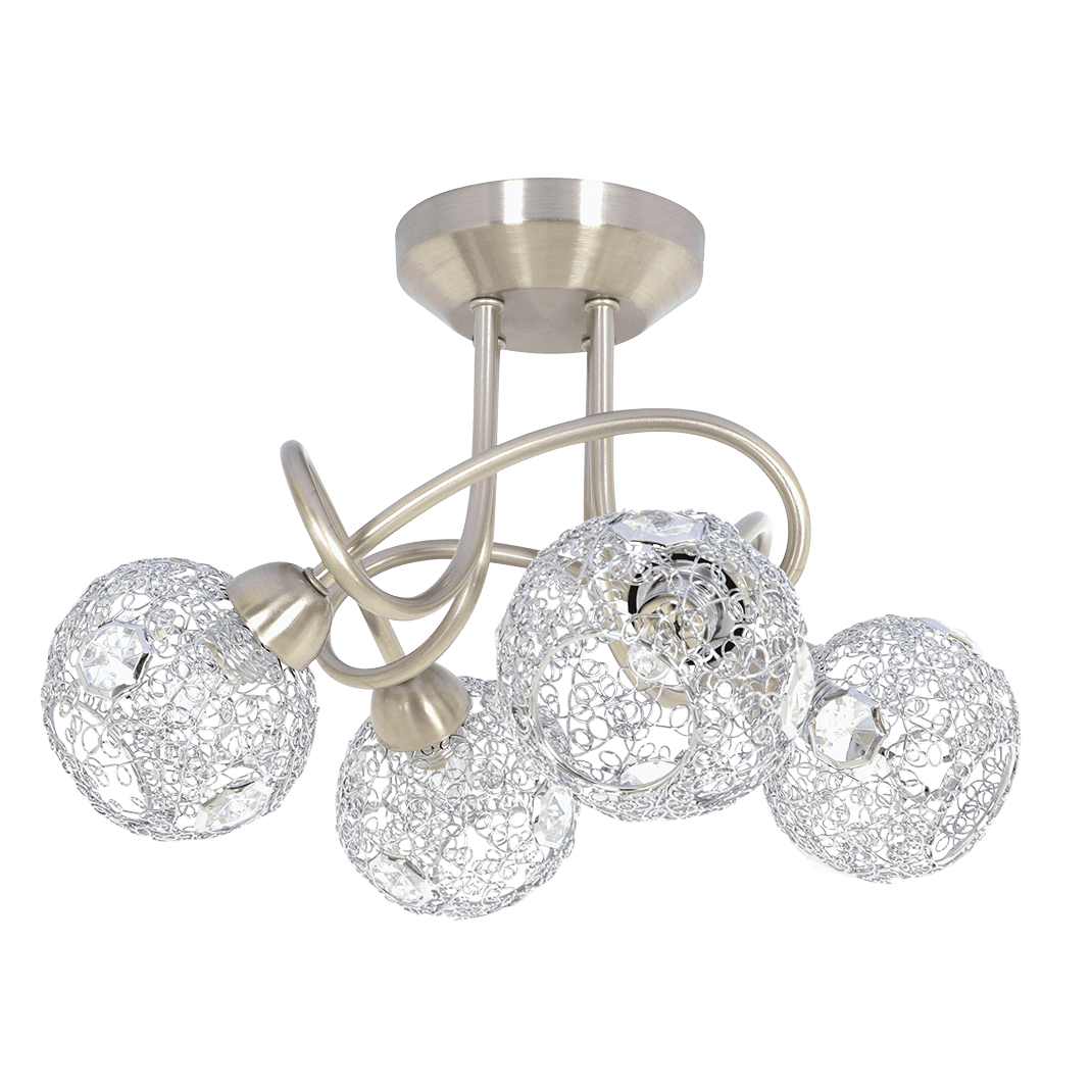 Sinclair Satin Nickel 4 Light Ceiling Light | Crystal Accents | Zebbies